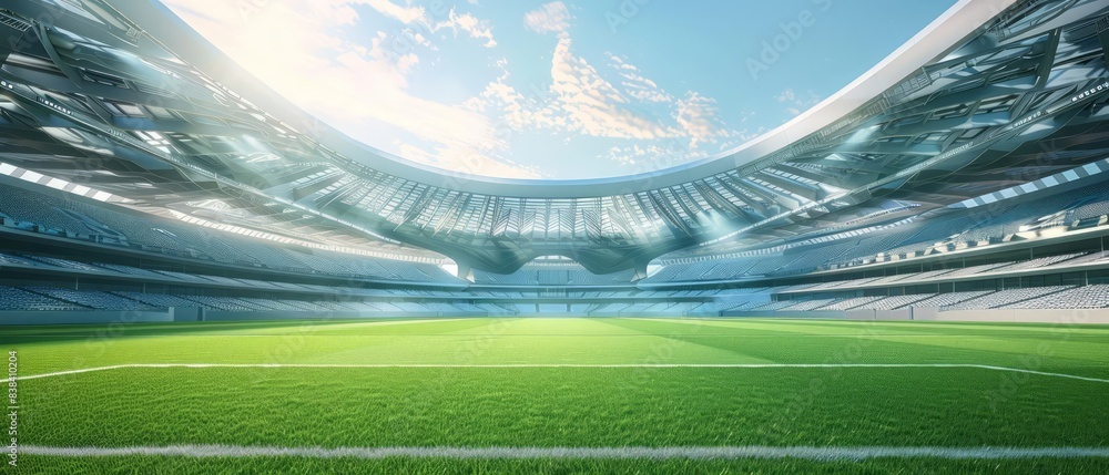 A futuristic soccer stadium with sleek metallic architecture under a ...