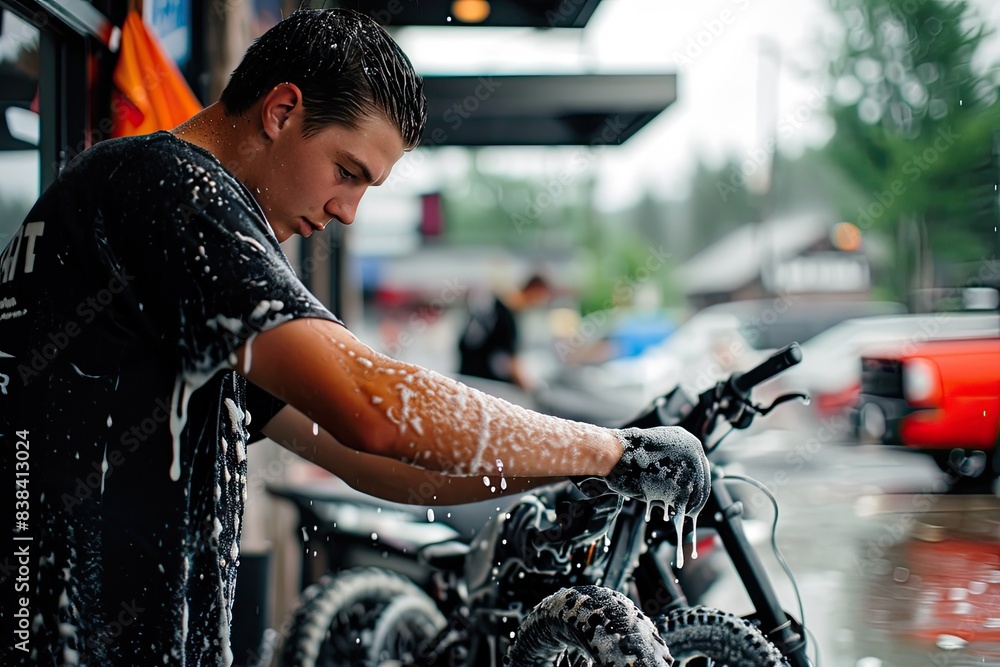 a man washing his bike in the rain, a man washing his bike in the rain ...