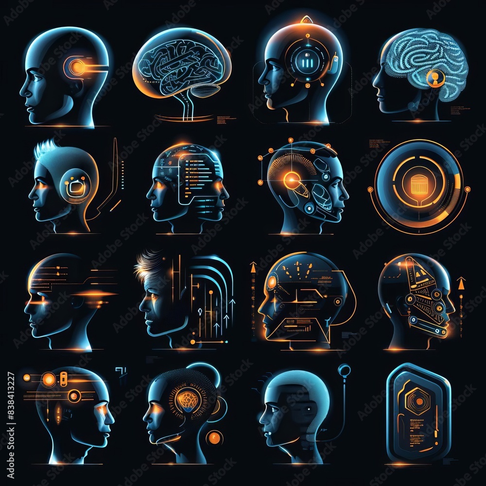 Artificial intelligence icon set Containing machine learning, data science, AI, virtual ...