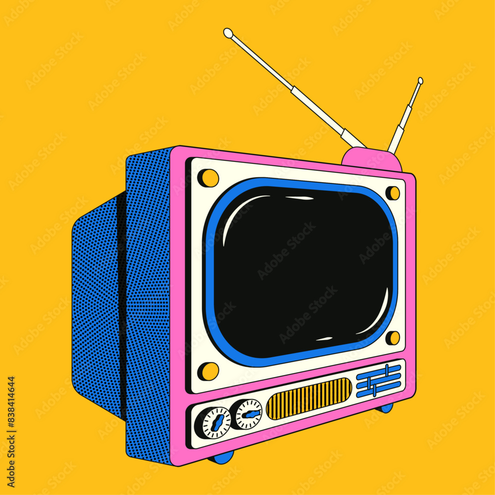 Colorful trendy illustration of an old TV in a retro linear style with ...