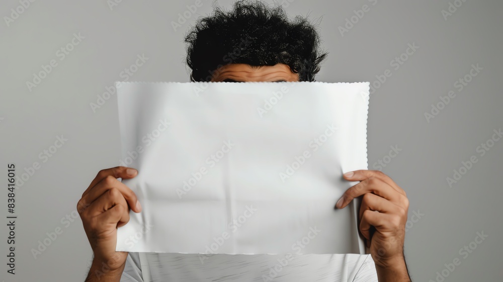Person holding a blank white paper covering their face, providing a ...
