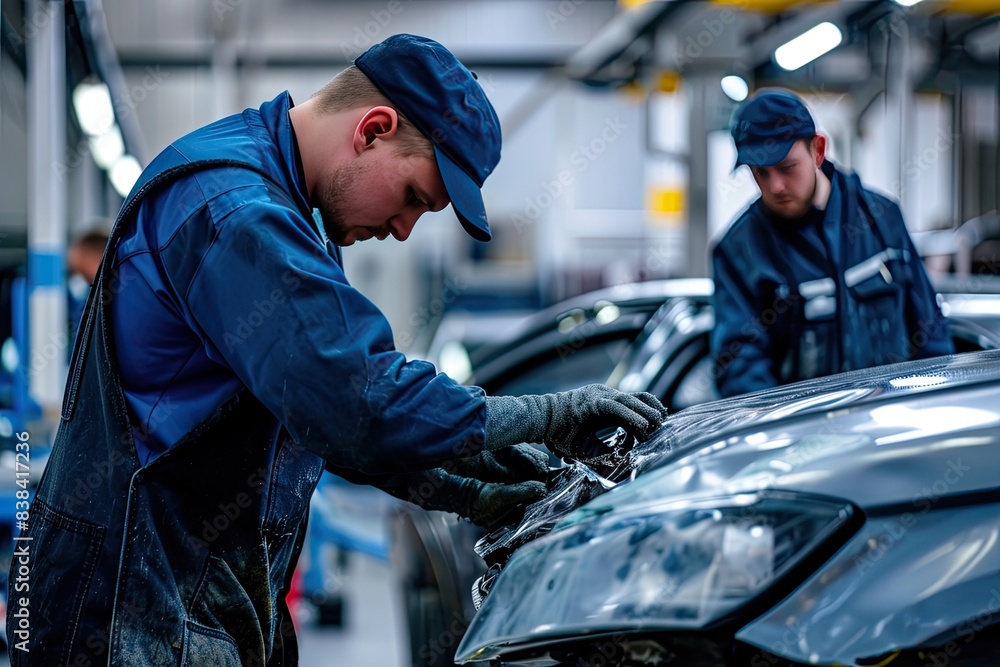two men working on a car in a garage, two men working on a car in a ...