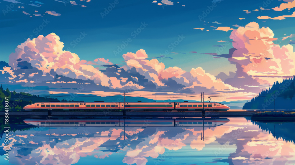 anime style illustration of a train passing in the style of, beautiful ...