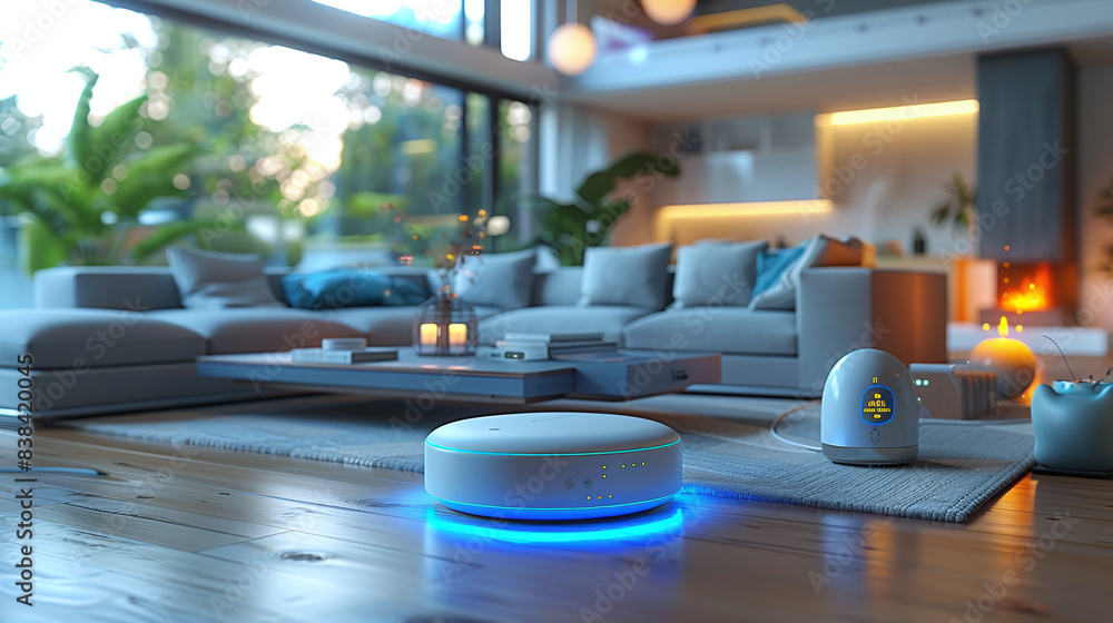 modern living room with various smart home devices, smart thermostat ...