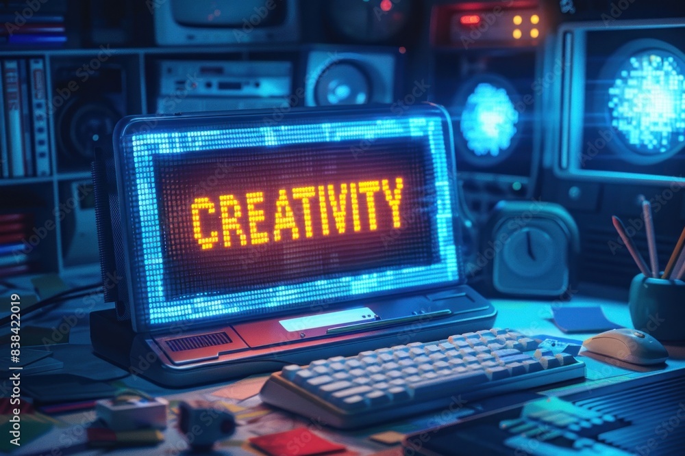 Digital rendering of the word "CREATIVITY" in a pixel art style on a ...