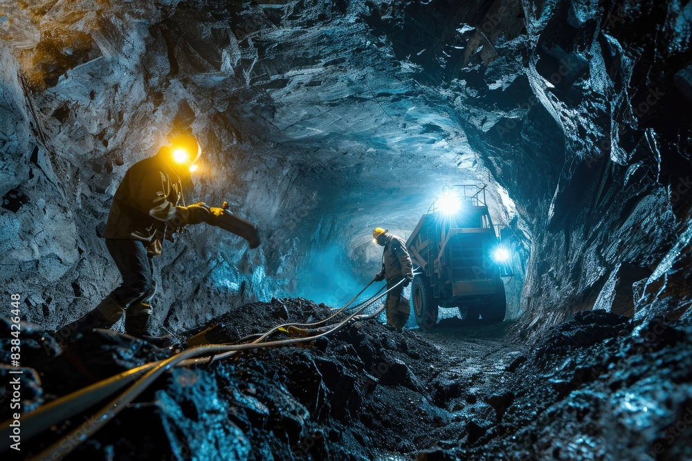 Underground miners, dimly lit tunnel., two men working in a tunnel with ...