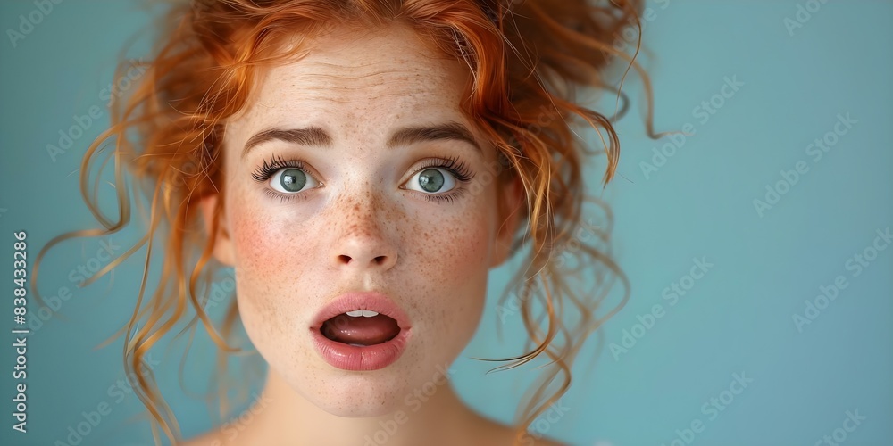 Closeup portrait of surprised ginger woman with wide eyes and open ...