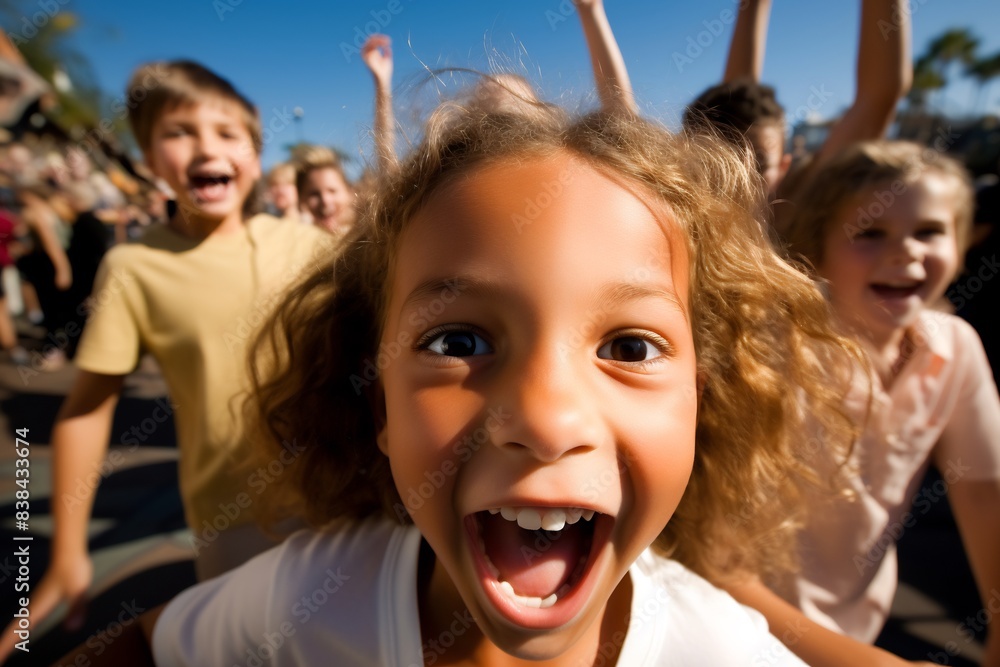 Group of cheerful happy cute kids playing together and having fun ...