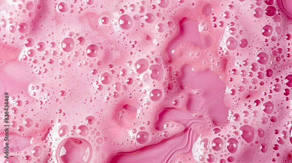 Close-up view of pink bubbles and foam floating on top of water. The ...