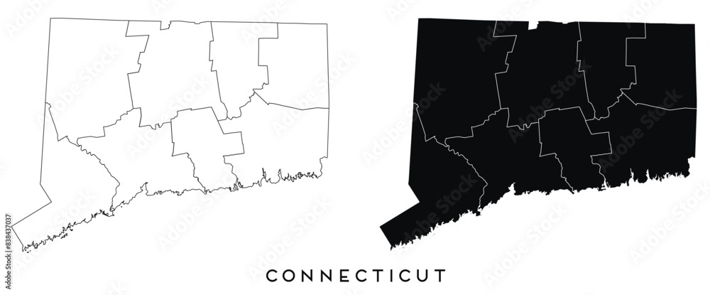 Connecticut state map of regions districts vector black on white and ...