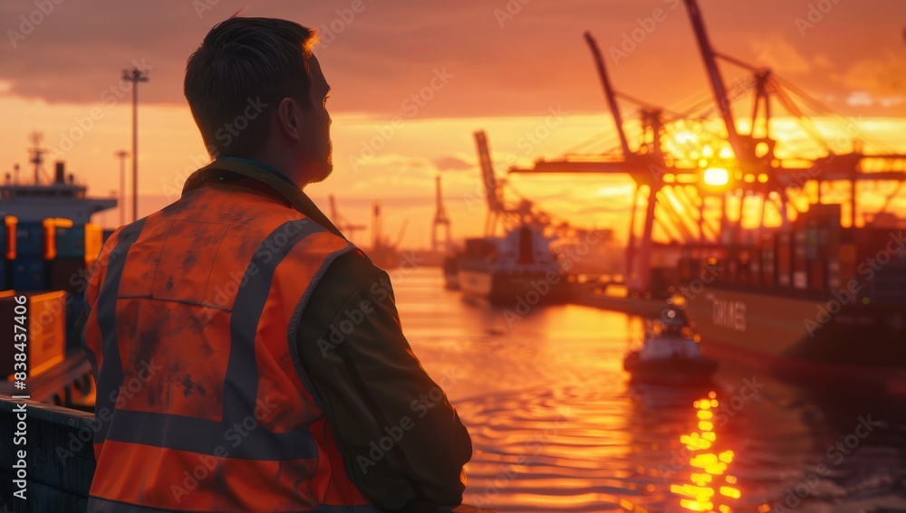 A port worker in an orange safety suit stands at the cargo yard ...