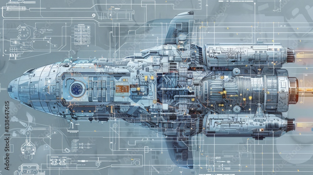 Blueprint of a spacecraft, featuring detailed schematics of propulsion ...