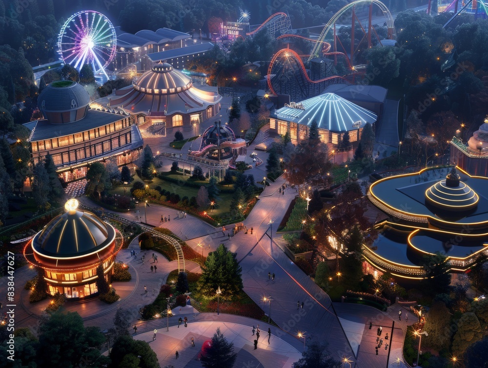 Blueprint of a state-of-the-art amusement park, illustrating rides ...