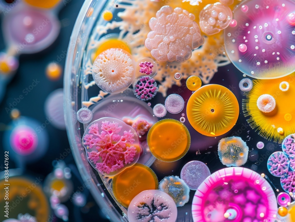 Close up of bacterial colonies in a petri dish, showcasing various ...