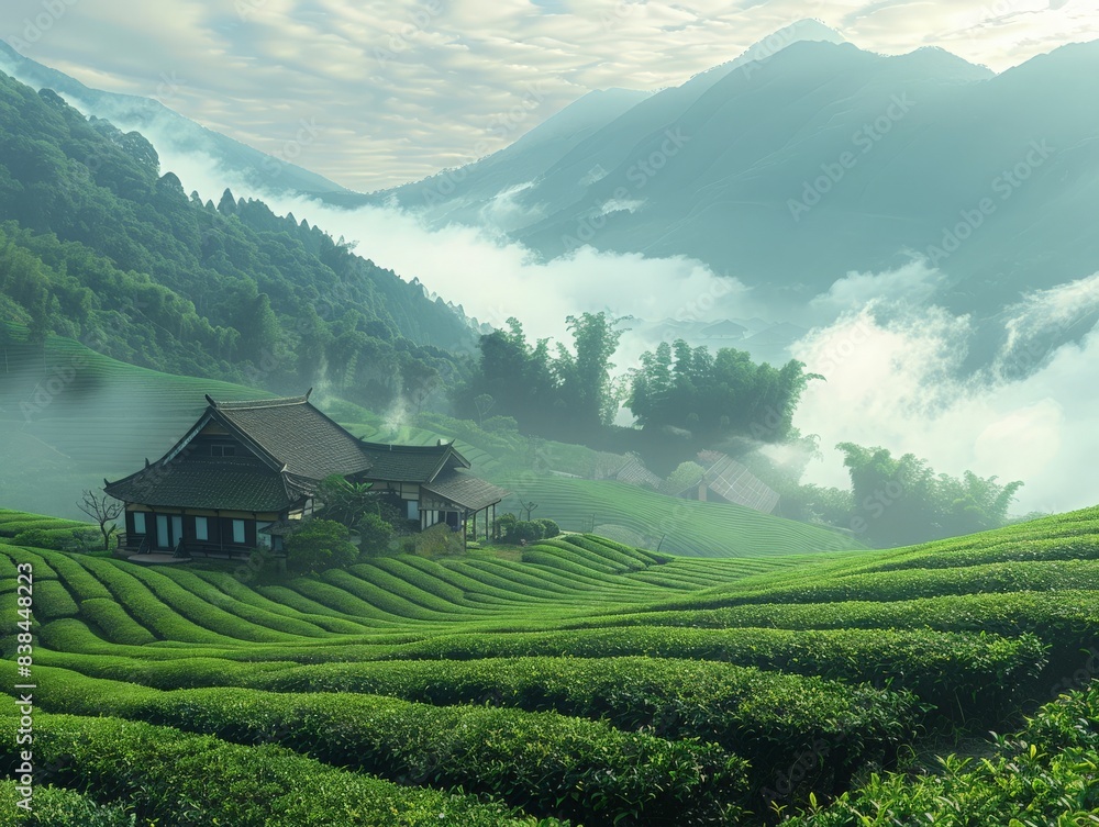 Enchanting Japanese hillside tea plantation, with neatly trimmed rows ...