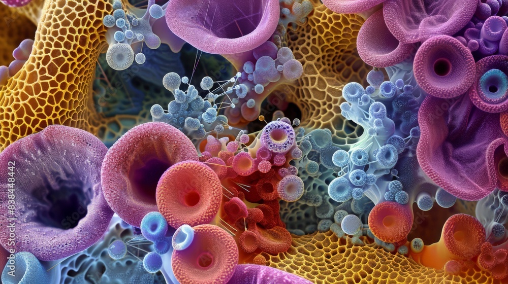 ภาพประกอบสต็อก High-resolution image of fungal spores, with intricate ...