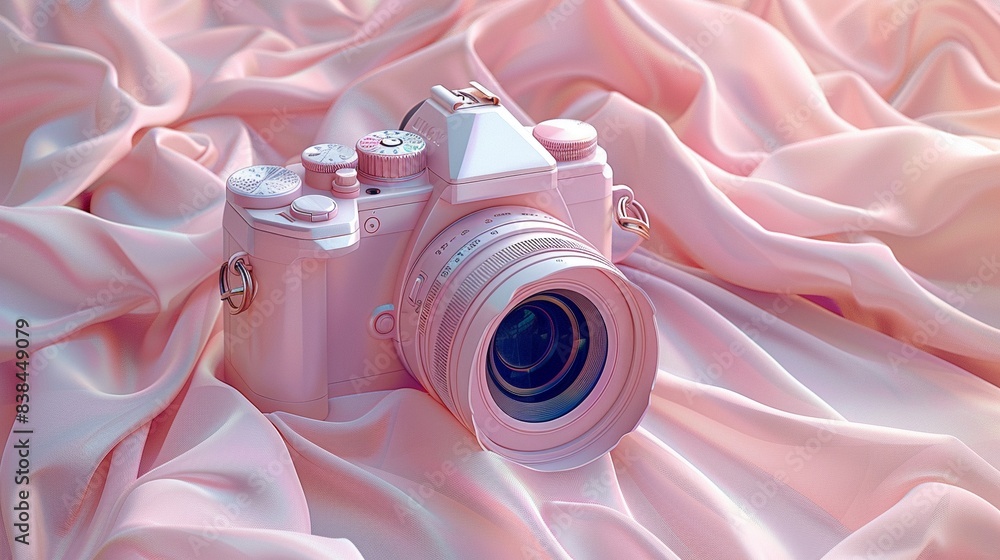 Modern camera with a pastel color scheme on draped cloth, contemporary ...