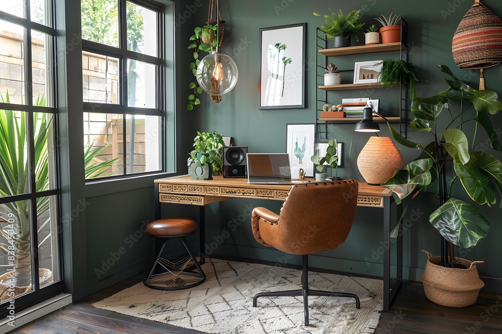 Modern Home Office room Interior design for workspace with blank poster ...