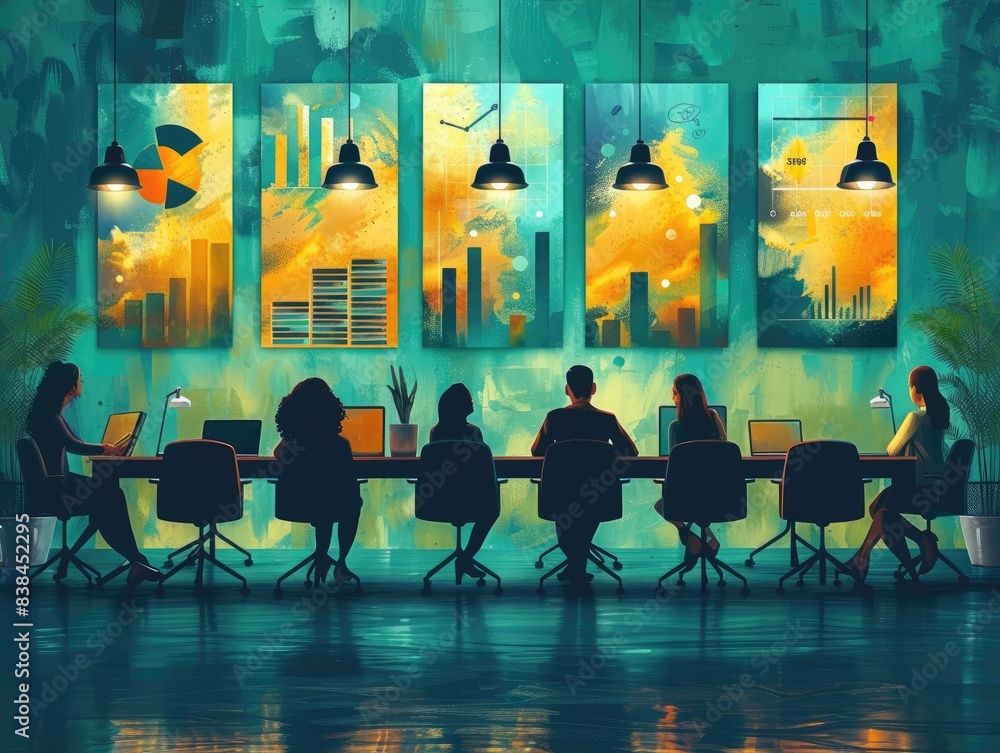 Illustration of a team brainstorming in a meeting room, with decorative ...
