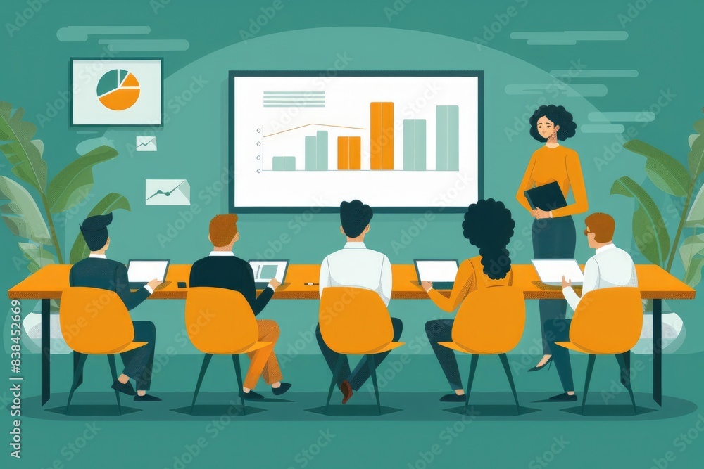 Vector image of a corporate training session with a presenter and ...