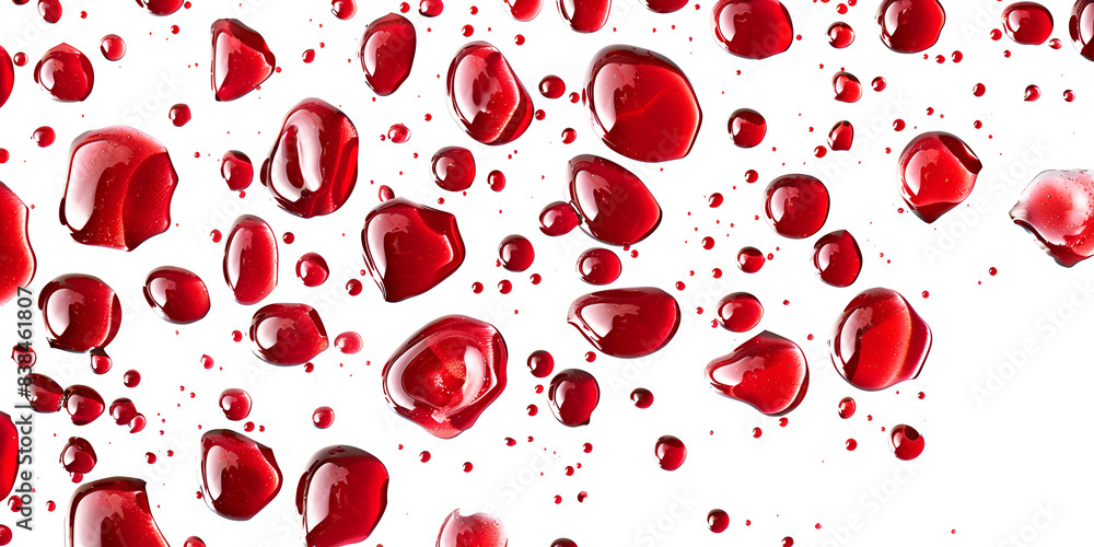 Red liquid droplets falling against a white background Slow motion. The ...
