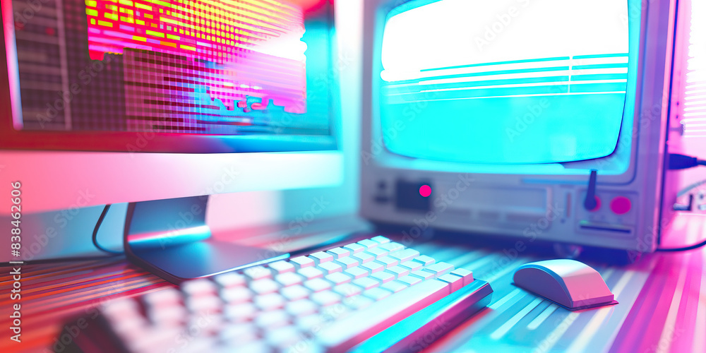 Pixelated Paradise: A technicolor desktop, with a retro computer and an ...