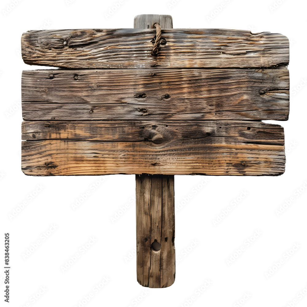 Rustic wooden sign board and directional arrow on a transparent ...