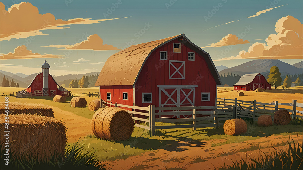 Farm-Themed Cartoon Barn Design, Featuring Straw Bales, Hay Piles, and ...
