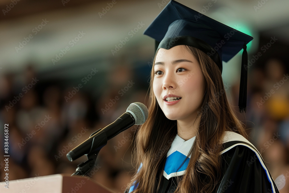 A young Asian woman in a graduation gown and cap delivering a ...