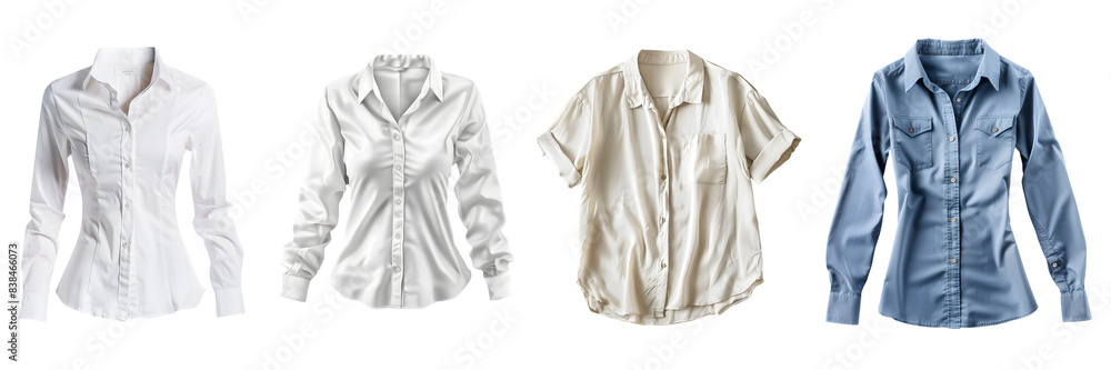 Collection of women button-down shirt in various style and color on a ...