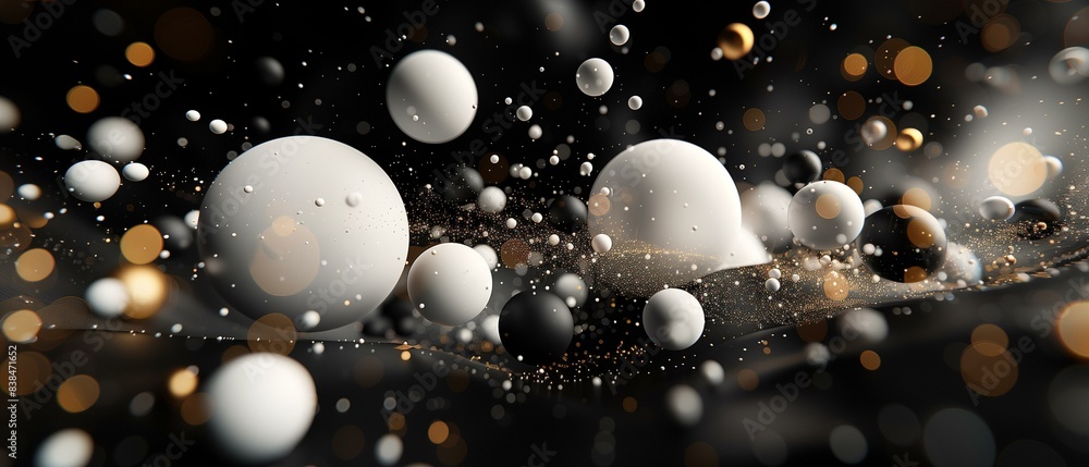 Dark mysterious scene with floating white black spheres, modern gold ...