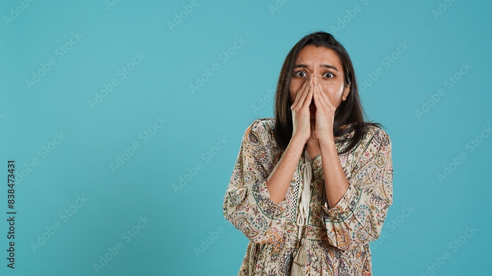 Anxious indian woman covering face with palms, worried about future ...