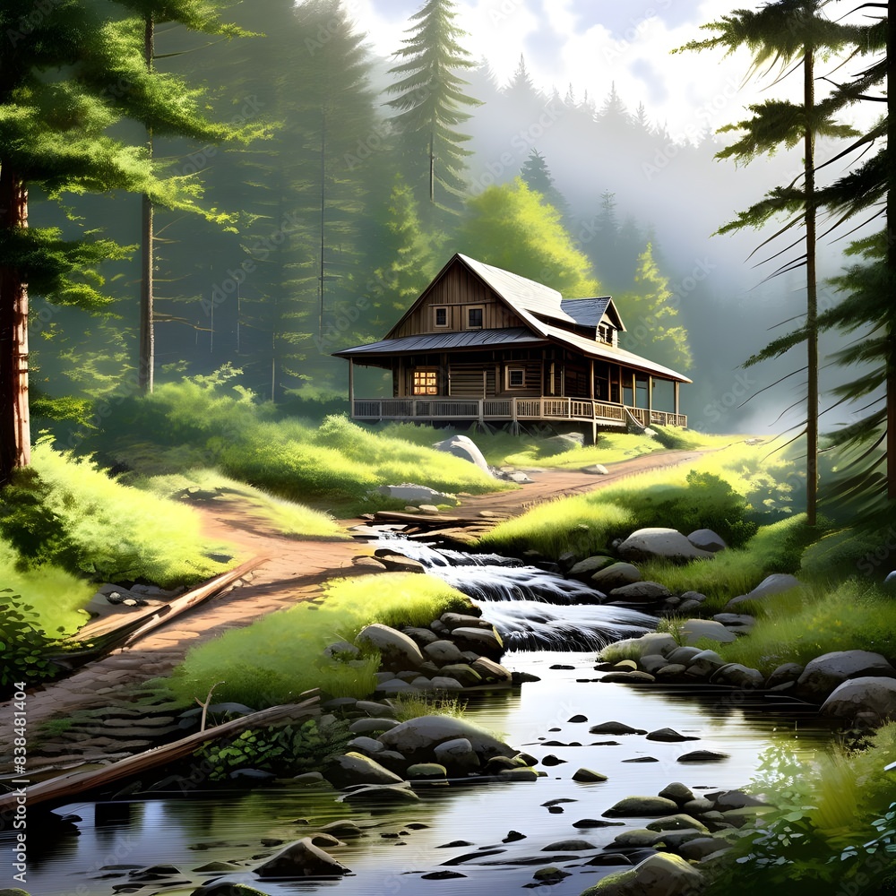 dappled sunlight log cabin illustrations, highly detailed, ultra ...