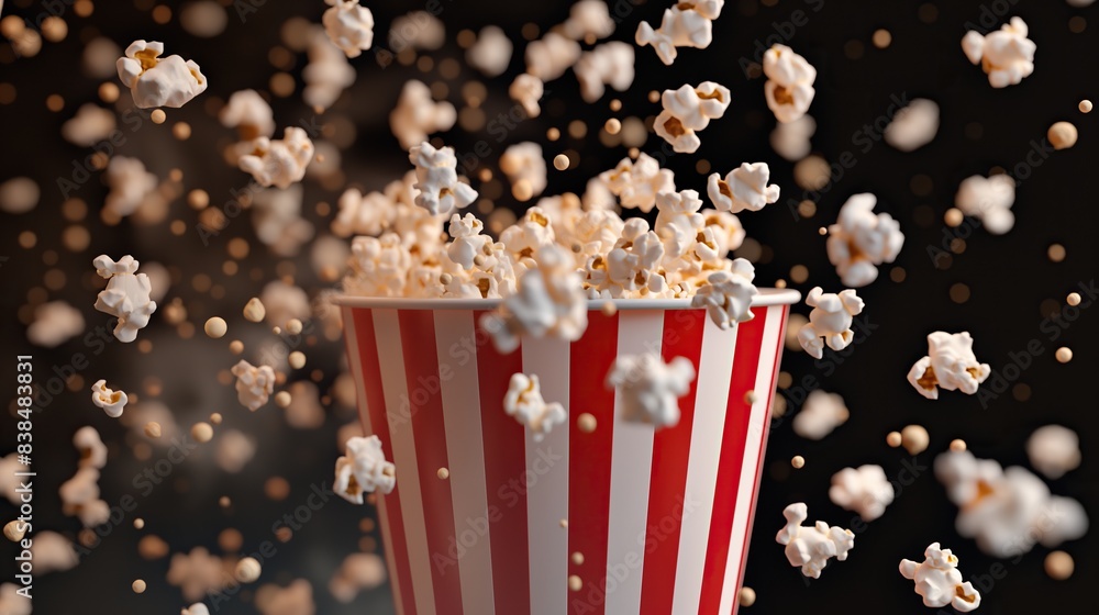 popcorn in a red and white bucket basket floating in air particles in ...