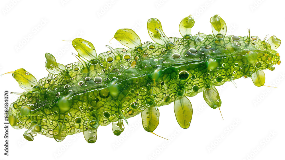 The image shows a green caterpillar-like creature with yellow spots on ...