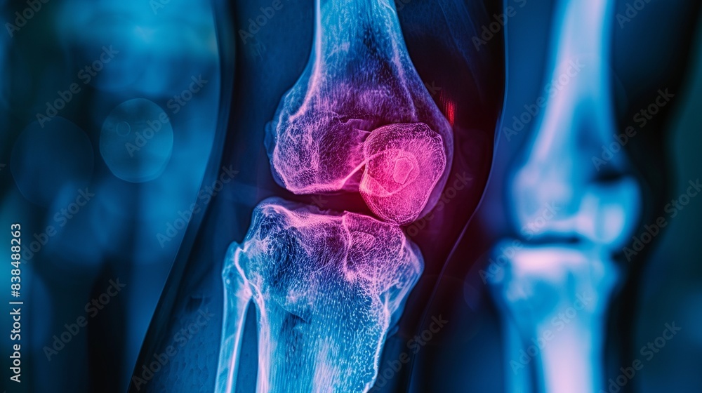 X-ray scan shows a broken bone in the knee after a car accident ...