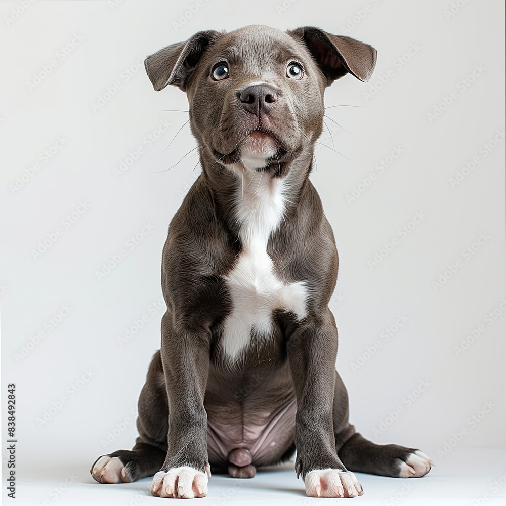 a pure white background with a dog sitting on its hind legs and facing ...