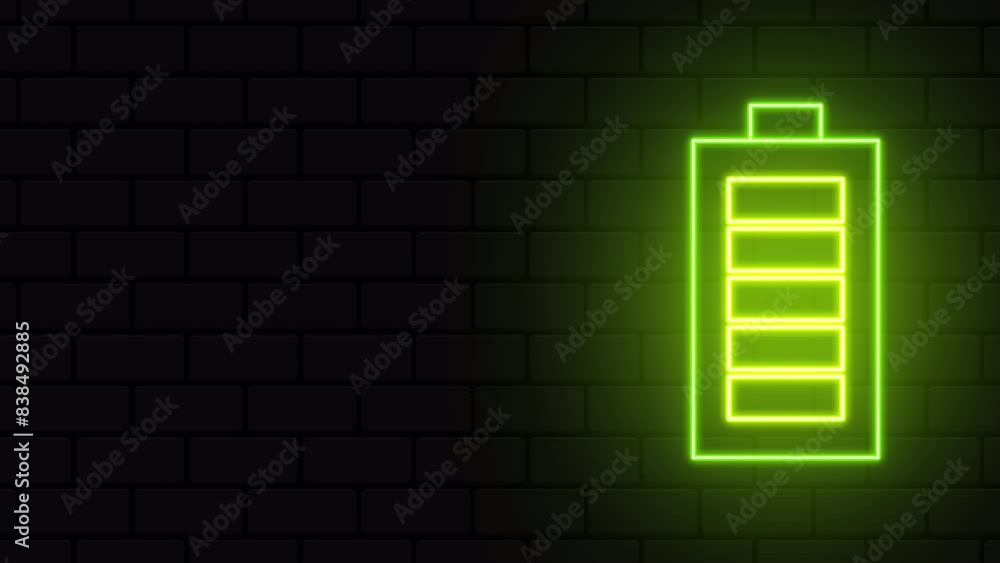 Glowing neon battery animation. Battery charging power sign ...