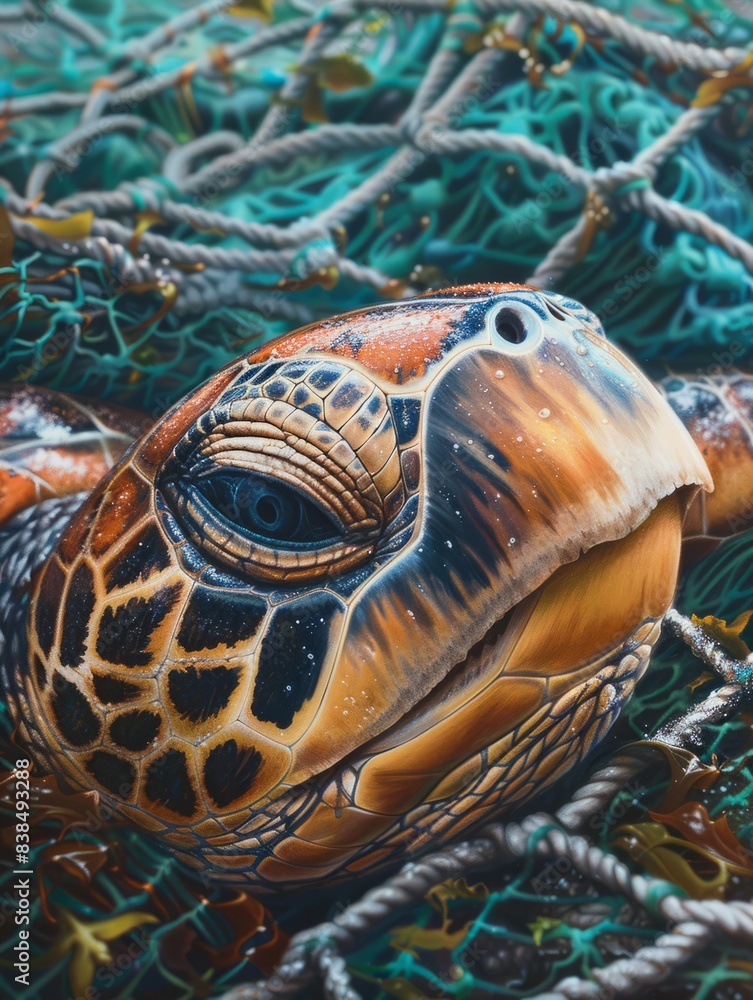 Tortue marine prise dans les mailles d'un filet de pÃªche dÃ» Ã la ...