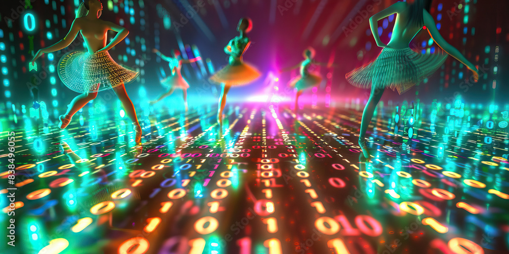 The Binary Ballet: Dancers twirling through the air, leaving behind trails of 0s and 1s on a ...