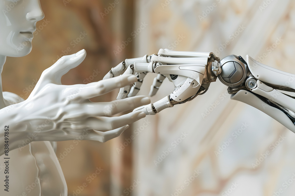 "Bridge of Consciousness: Futuristic Robot Arm Touches Human Hand in a ...