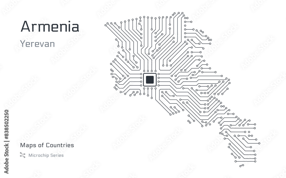 Armenia Map with a capital of Yerevan Shown in a Microchip Pattern with ...
