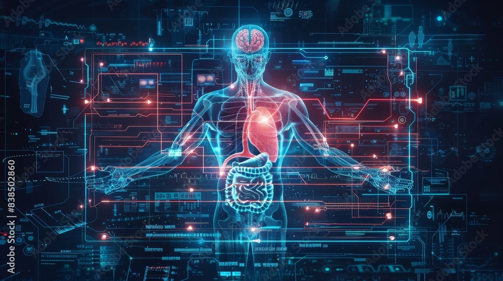 A digital representation of a human body with highlighted internal ...