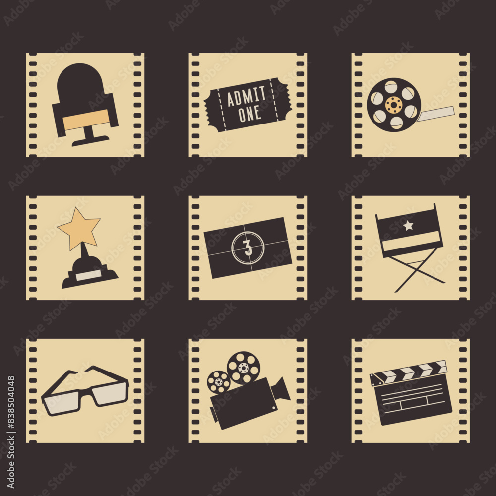 Cinema icons set. Movie theatre attributes collection. Filming ...