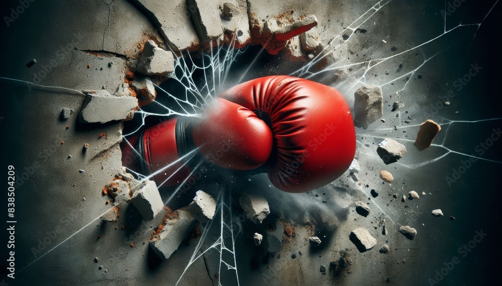 Red boxing glove breaking glass - A red boxing glove striking with ...