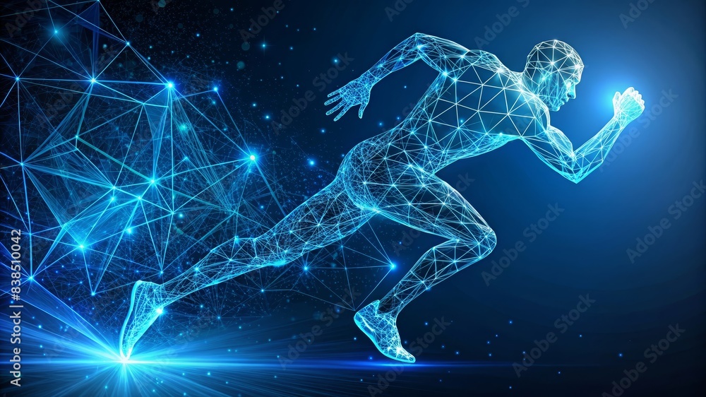 Dynamic blue runner made of digital lines - A dynamic representation of ...