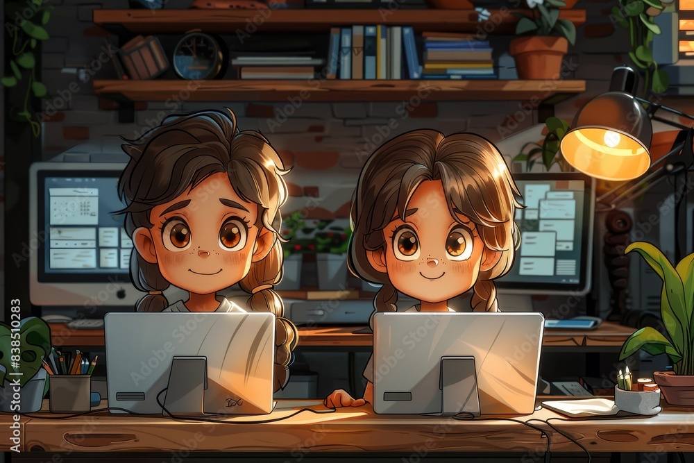 Two illustrated characters sit back-to-back working on their computers ...