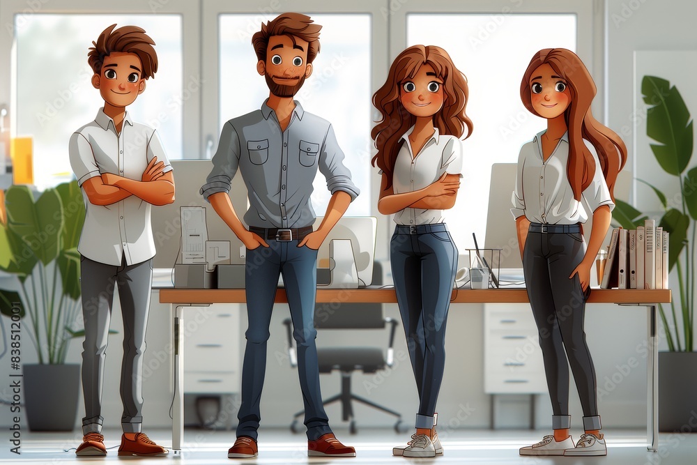 Four animated modern office workers standing confidently in a bright ...