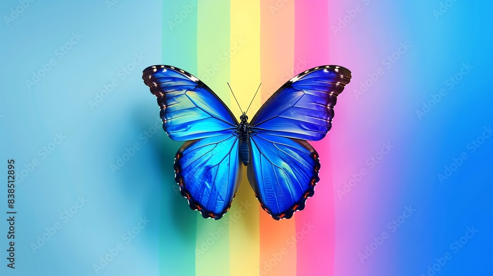 Blue Morpho Butterfly flying with wings spread against a rainbow ...