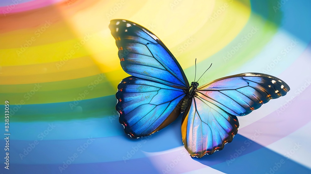 Blue Morpho Butterfly flying with wings spread against a rainbow ...